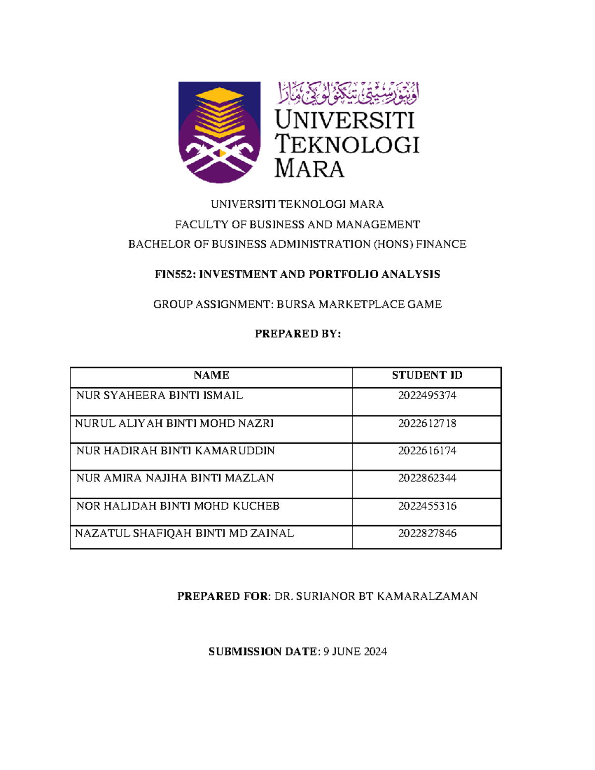 FIN552 GROUP ASSIGNMENT: BURSA MARKETPLACE GAME REPORT - Studocu