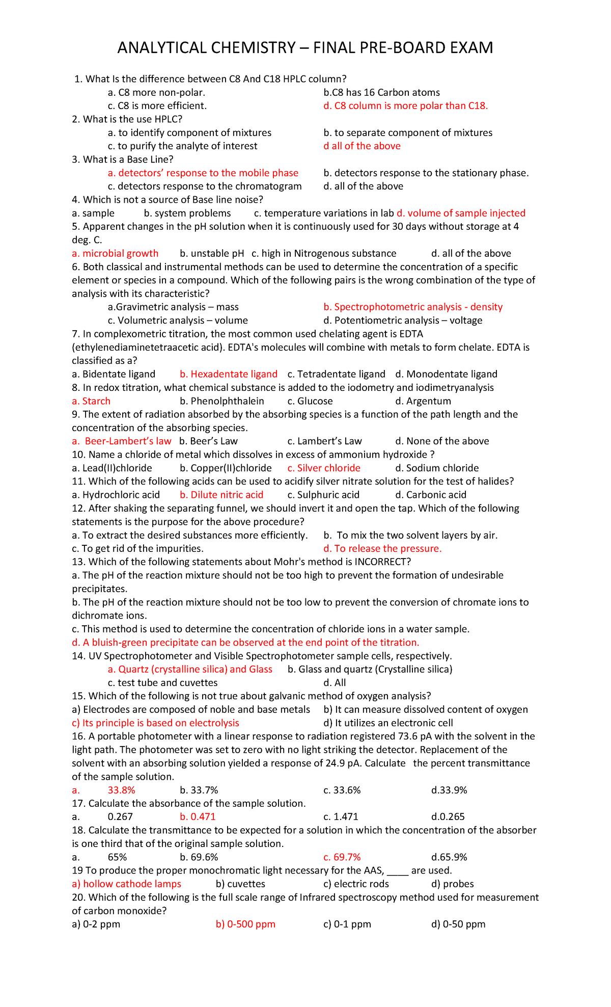 ANALYTICAL CHEMISTRY FINAL EXAM REVIEW - KEY - Studocu