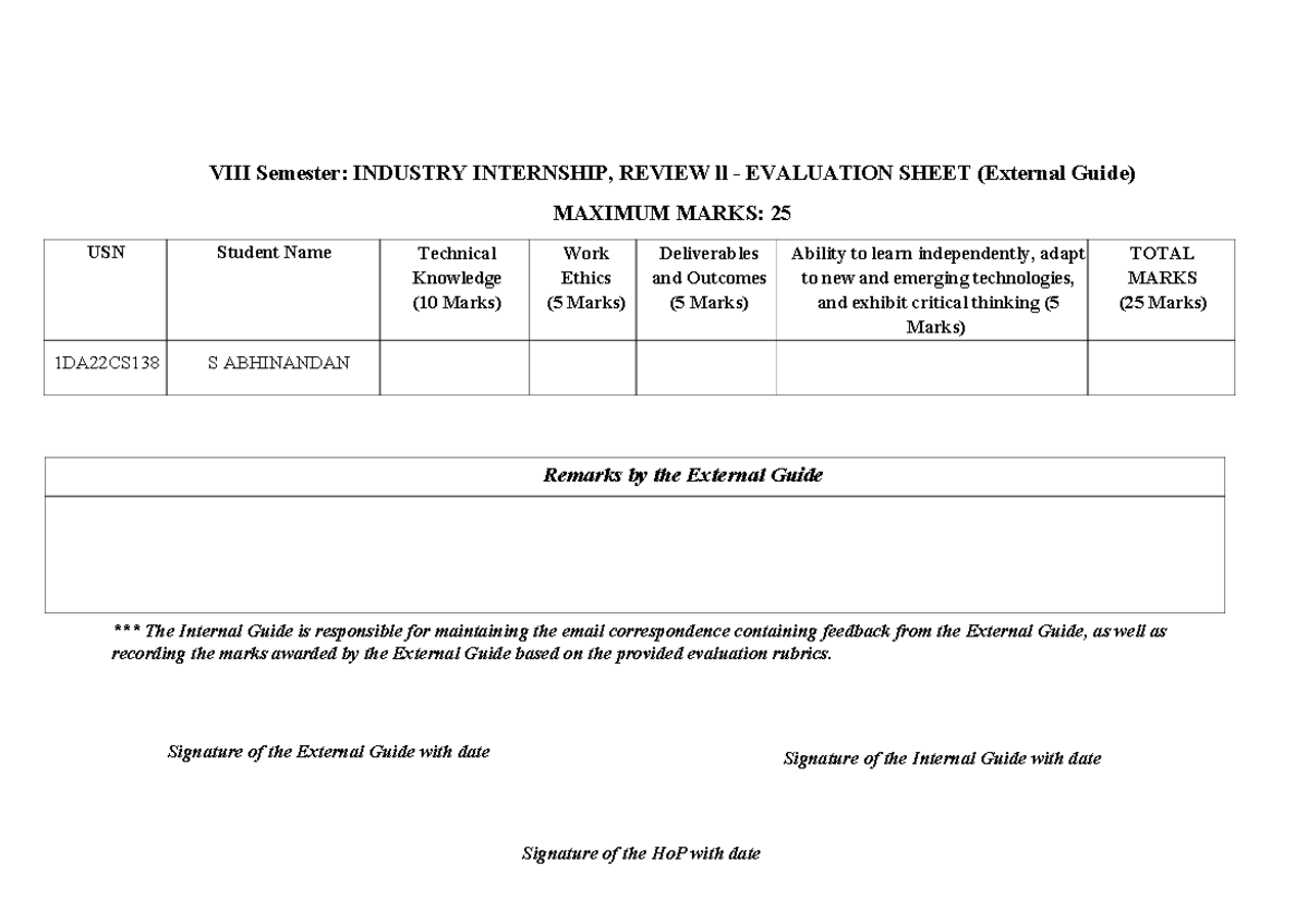 INDUSTRY INTERNSHIP EVALUATION SHEET (USN: 1DA22CS138) - Studocu