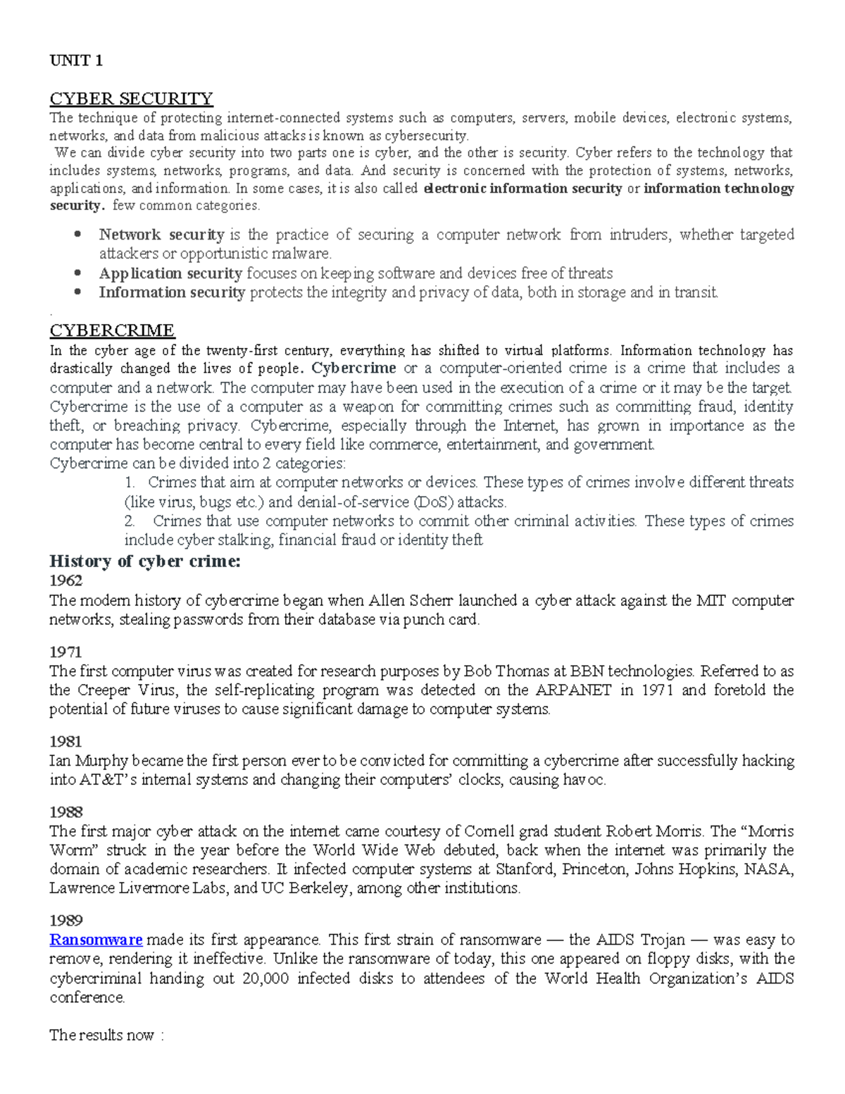 CS Unit 1 - notes - ####### UNIT 1 CYBER SECURITY The technique of ...