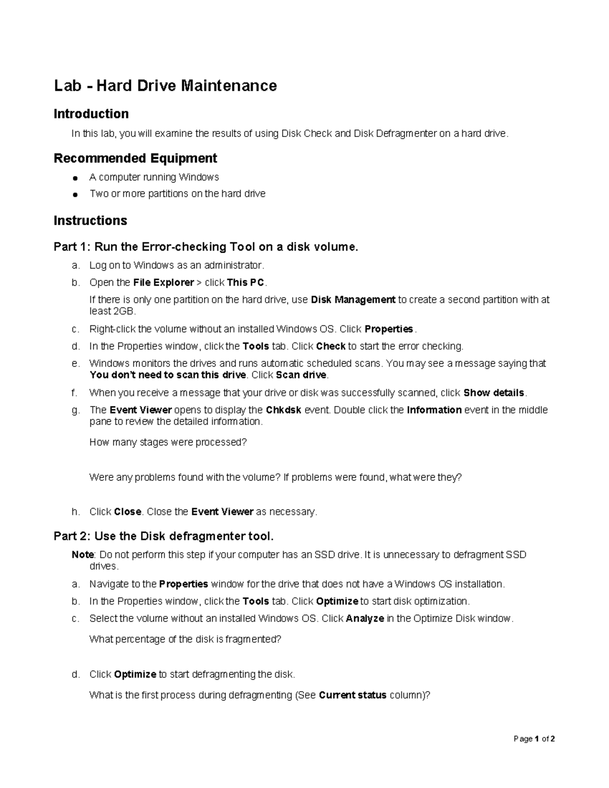 1.14 Lab - Hard Drive Maintenance: Error Checking & Defragmenting - Studocu