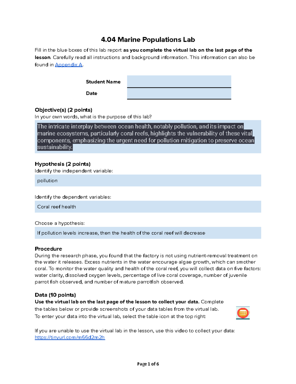 4.04 Marine Populations Lab Report Template - Environmental Impact ...