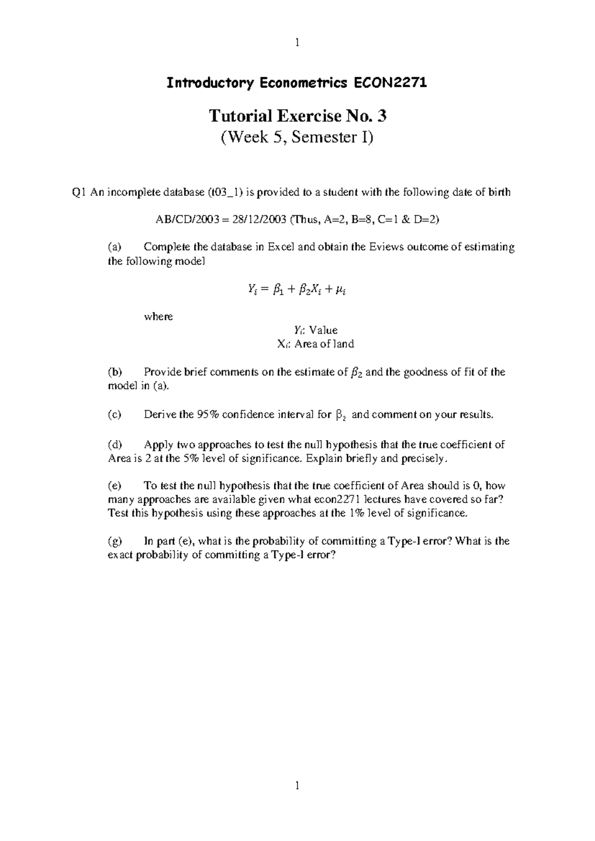Answer guide tutorial exercises #3-4 - Introductory Econometrics ECON ...