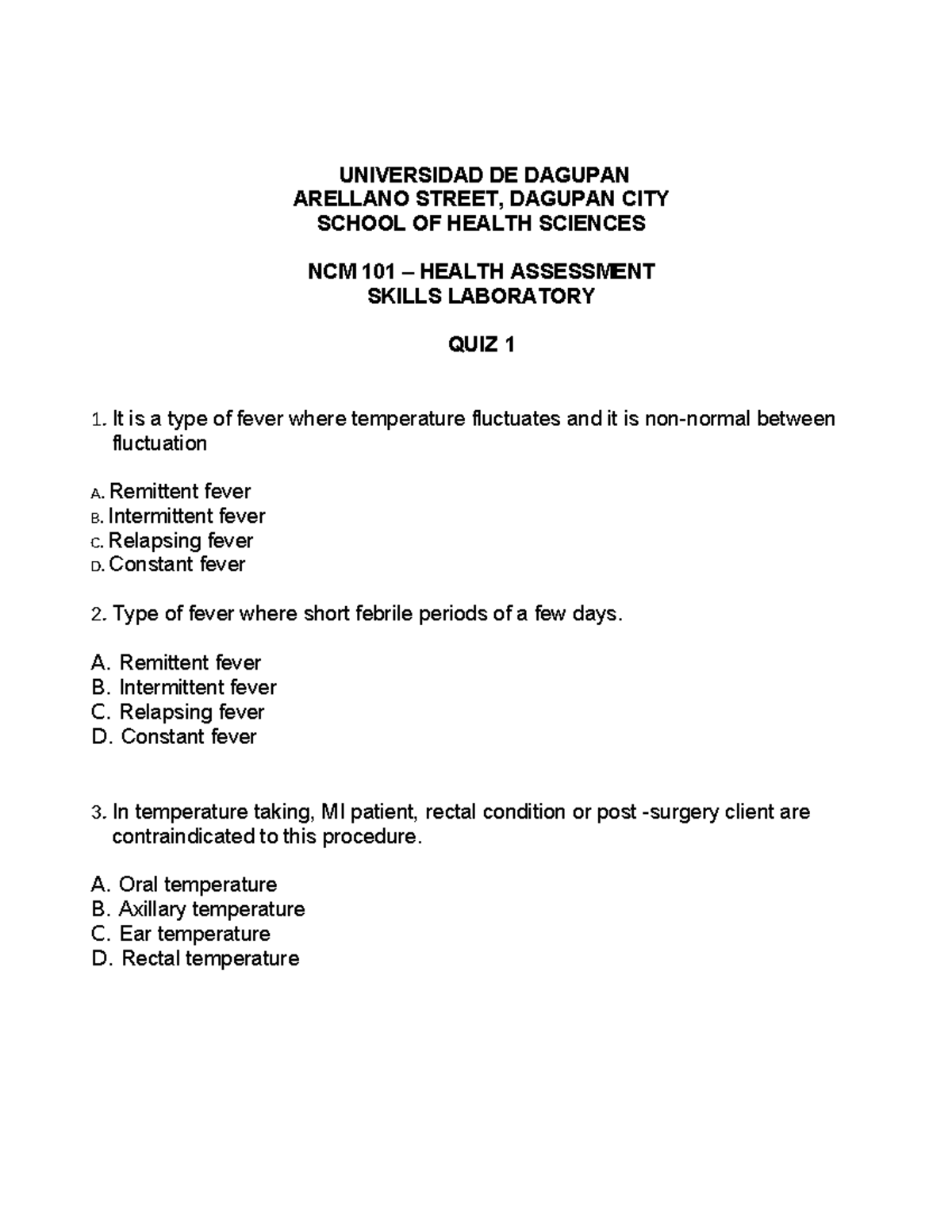 NCM 101 Quiz 1: Health Assessment Skills Laboratory Review - Studocu