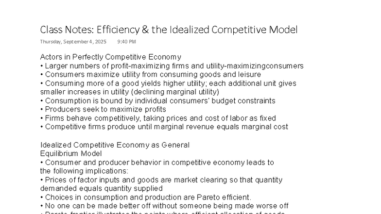 Class Notes: Efficiency in Idealized Competitive Models (ECO 101) - Studocu