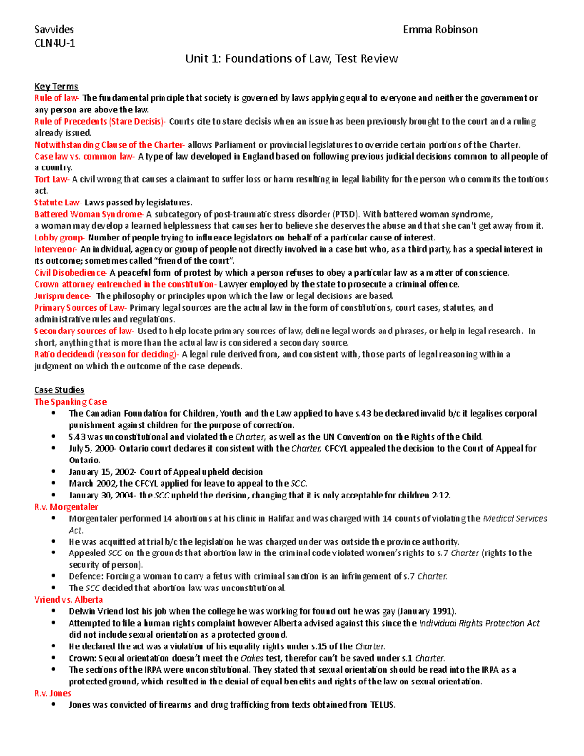 CLN4U Unit 1 Test Review: Foundations of Law 2018 Study Notes - Studocu