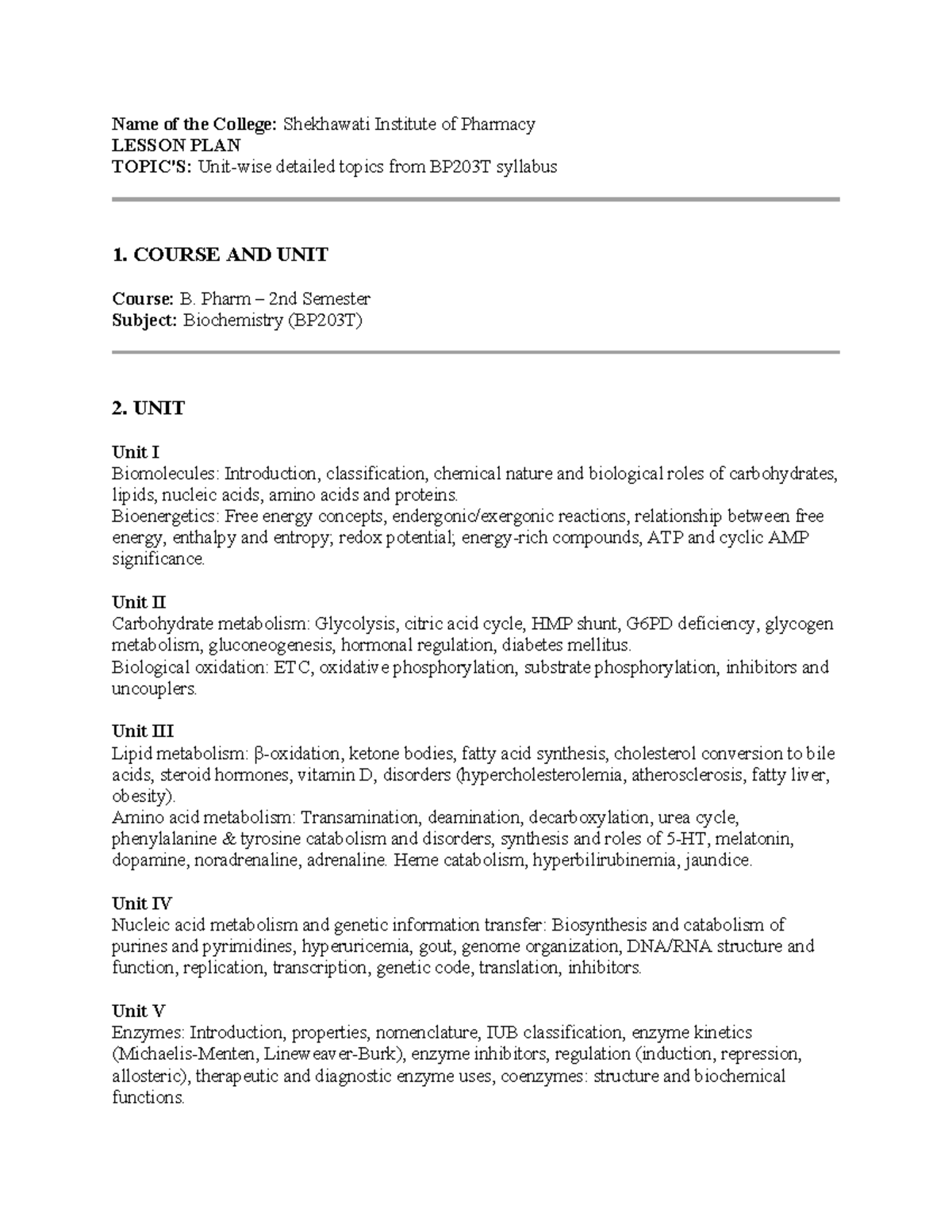 Biochemistry Lesson Plan for B. Pharm II Sem (BP203T) - Studocu