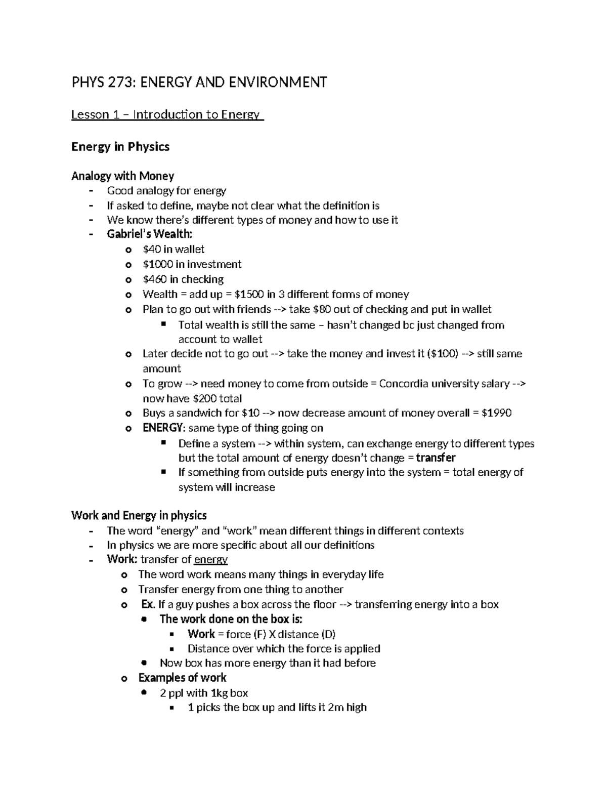 PHYS 273: ENERGY AND ENVIRONMENT Lesson 1 - Introduction to Energy ...