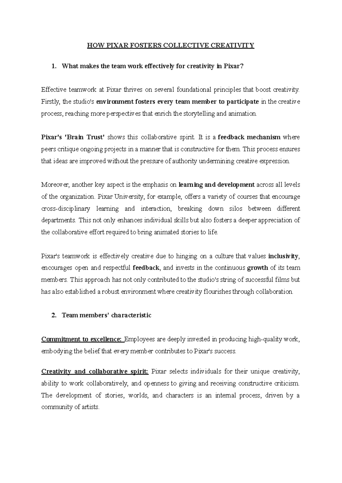 Pixar's Creative Collaboration: Building Teamwork and Innovation - Studocu