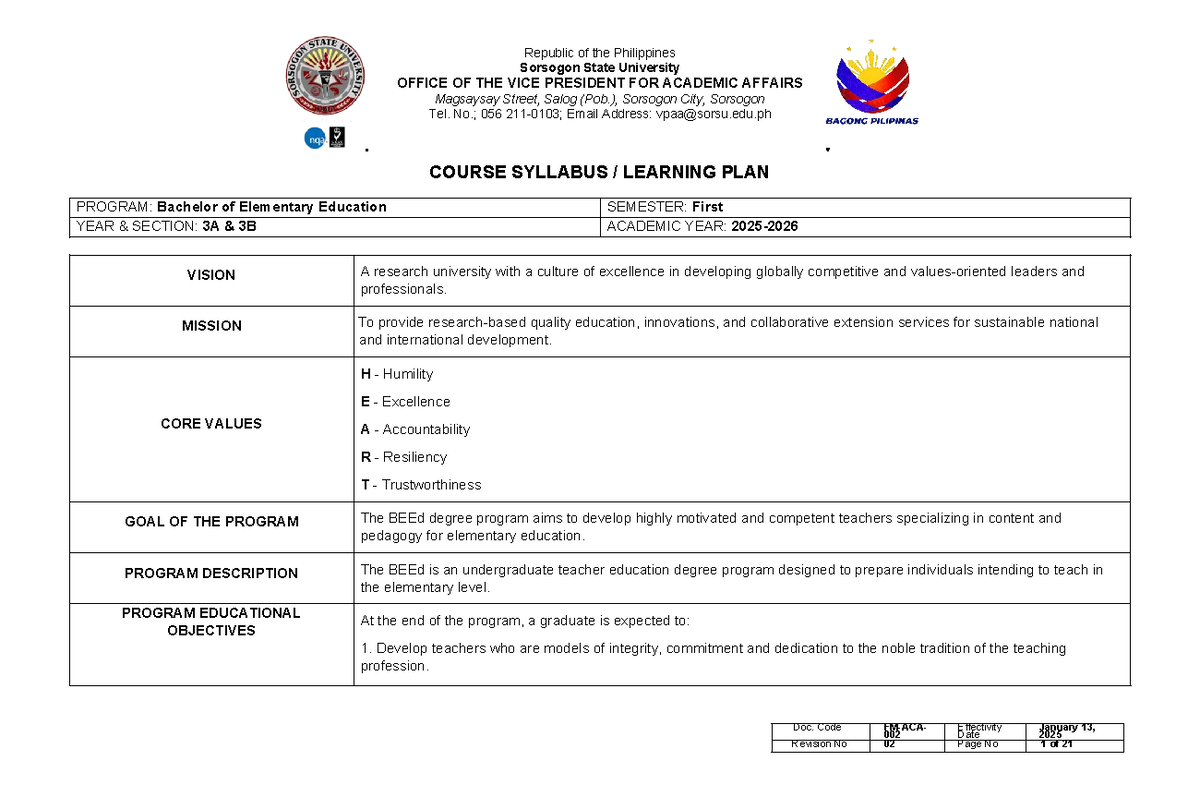 Prof Educ 6 - Facilitating Teaching Syllabus for BEEd 3A/3B - Studocu