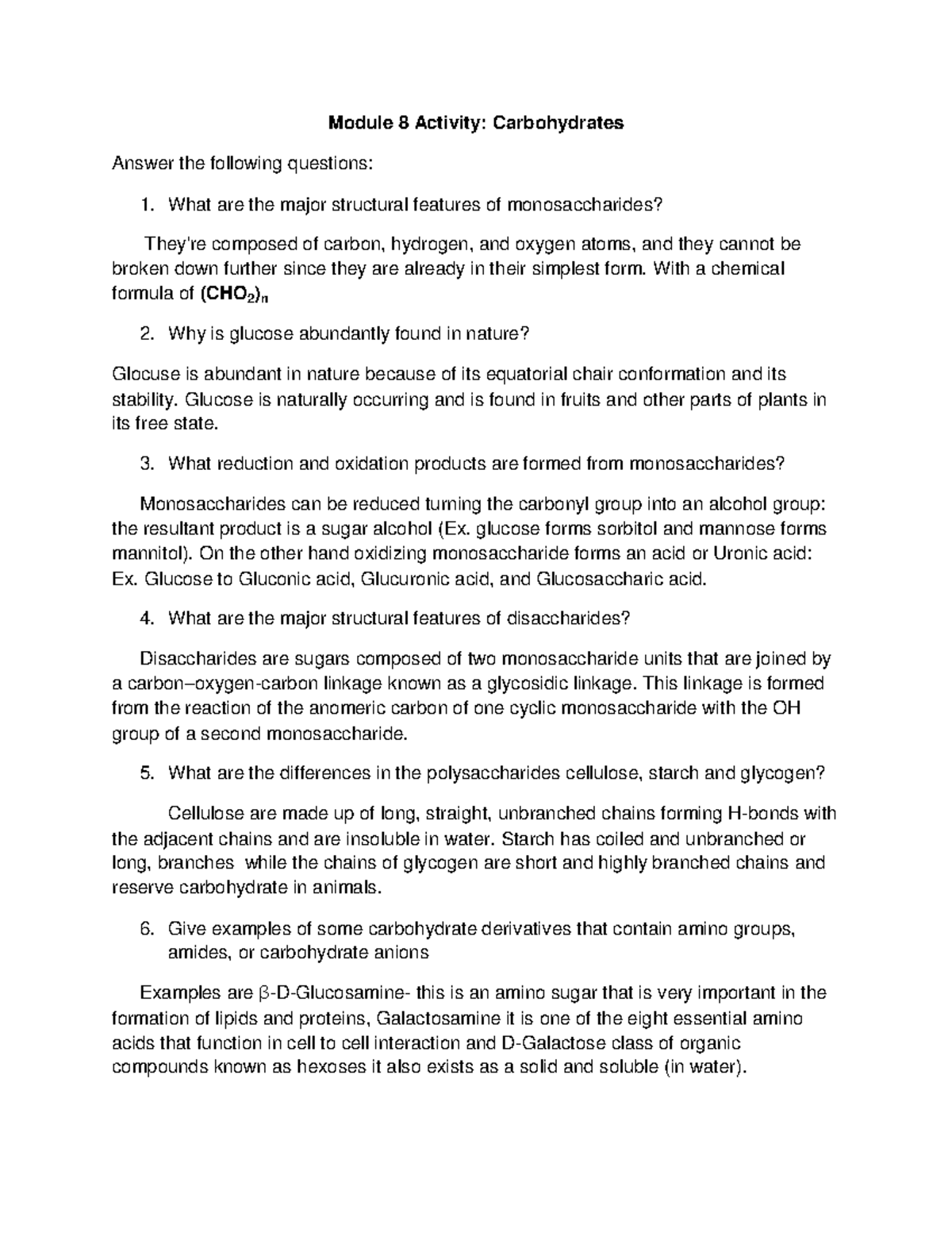 Biochemistry Module 8 Activity Carbohydrates - Module 8 Activity ...