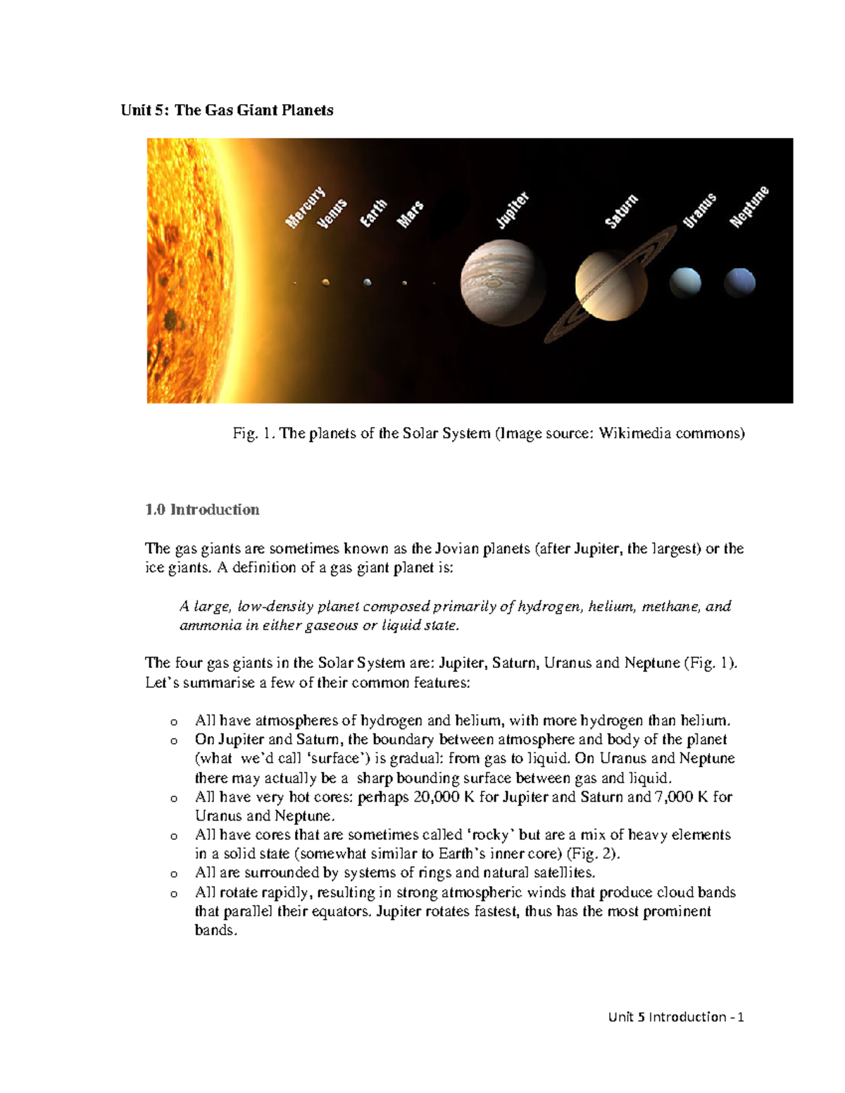 Unit 5 - Lecture Notes - Unit 5 Introduction ‐ 1 Unit 5: The Gas Giant ...