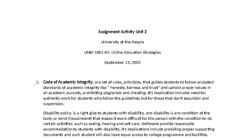 Academic Integrity Guidelines - UNIV Assignment Activity Unit 2 - Studocu