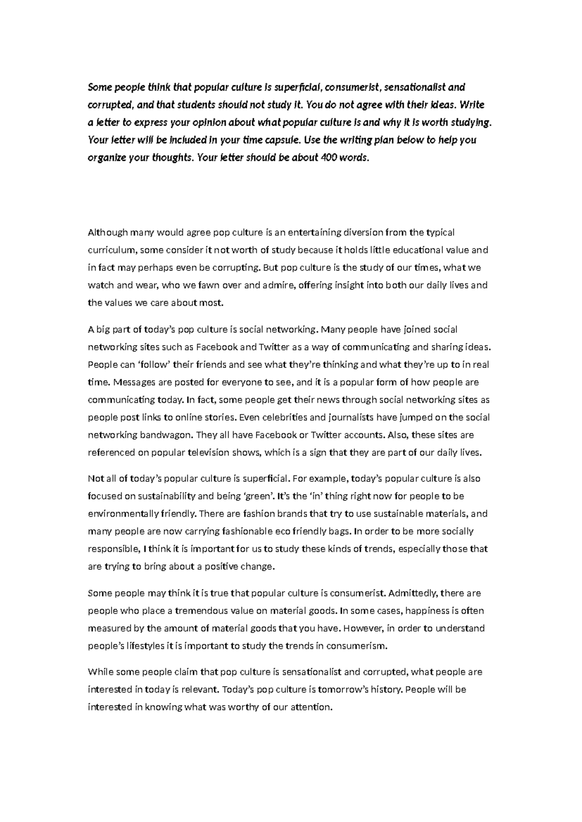 Exam Question - Sample: The Value of Studying Popular Culture - Studocu
