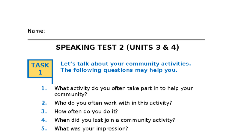 SPEAKING TEST 2 (UNITS 3 4): Community Activities Discussion - Studocu
