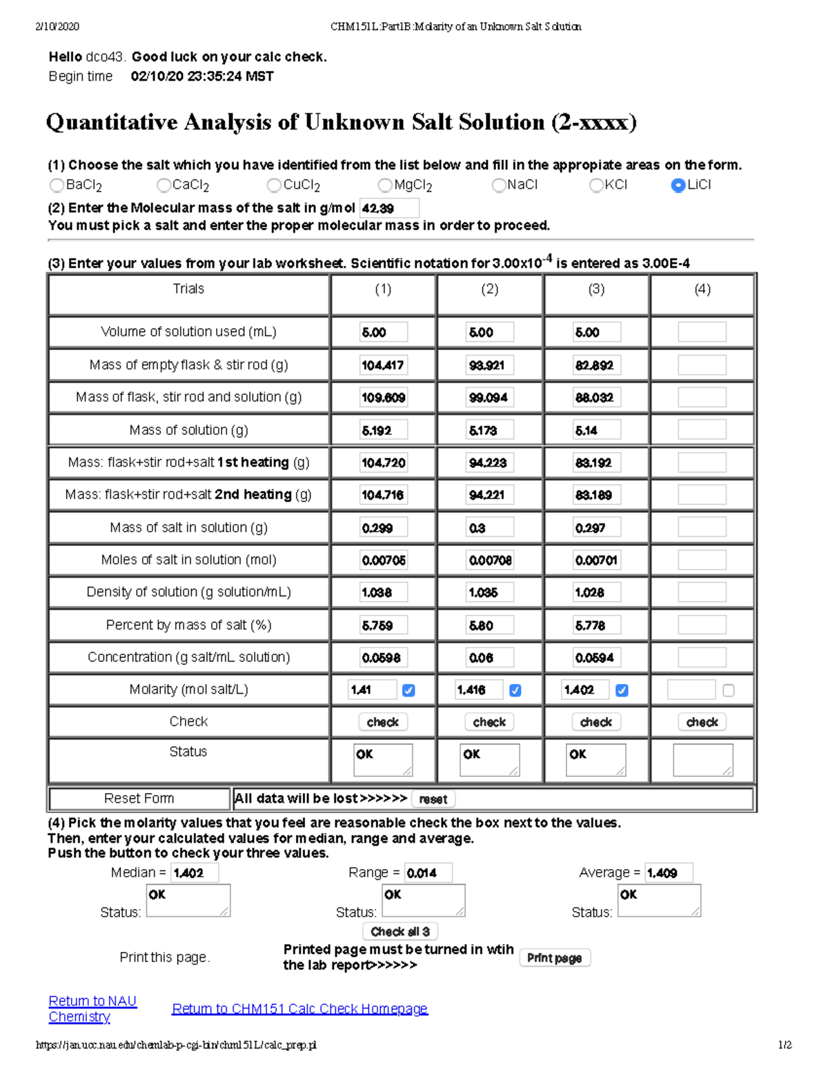 CHM151L Part1B Lab Report: Molarity of Unknown Salt Solution Analysis ...
