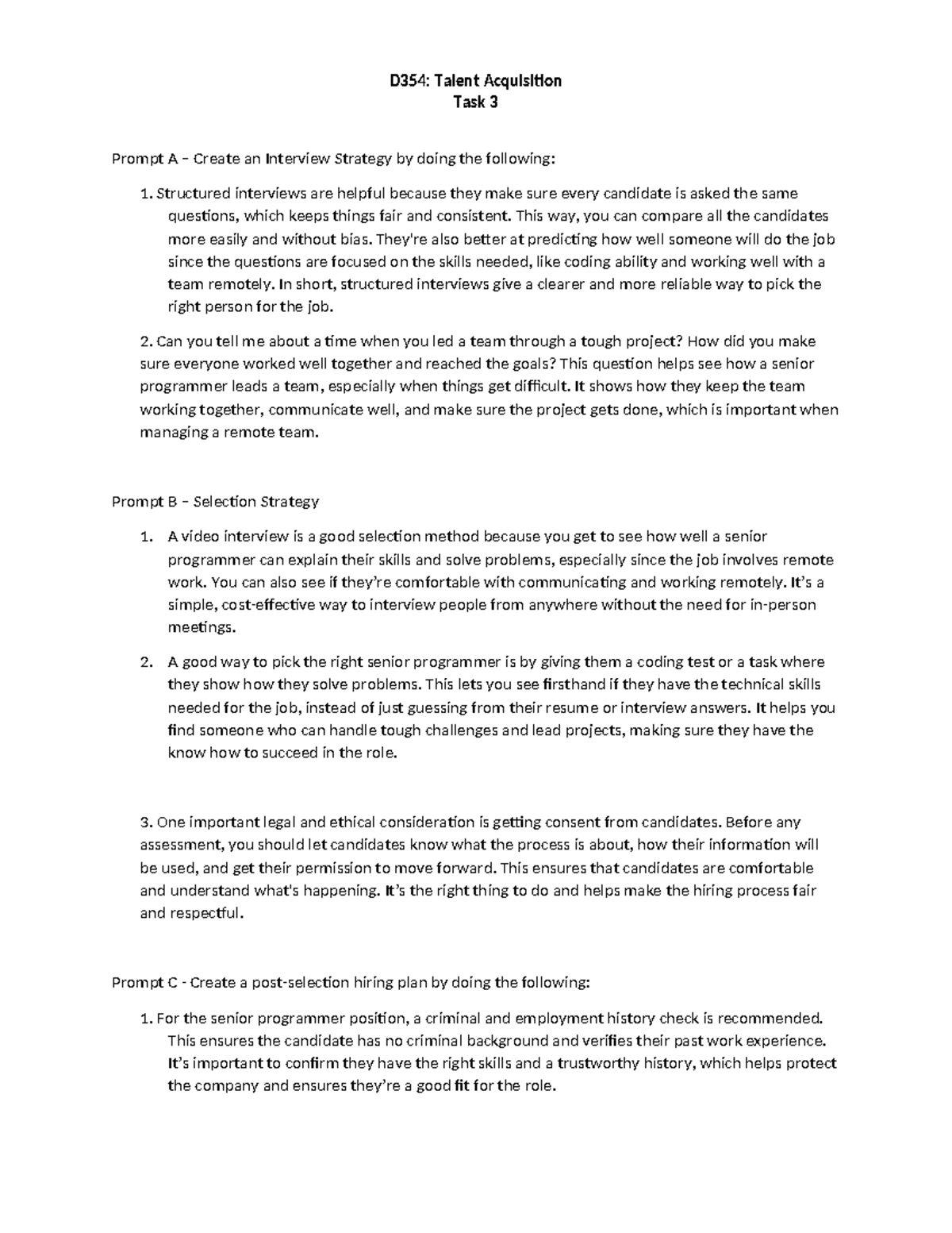 D354 Task 3 - Interview & Selection Strategy Guide - Studocu