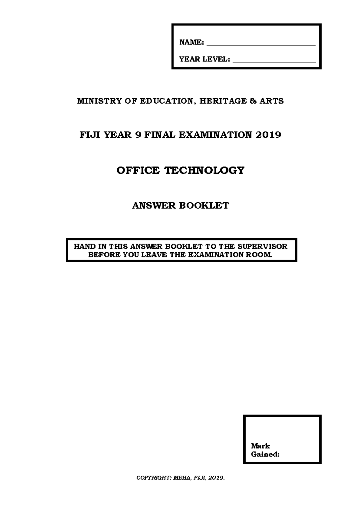 Fiji Year 9 Office Tech Final Exam 2019 Answer Booklet - Studocu