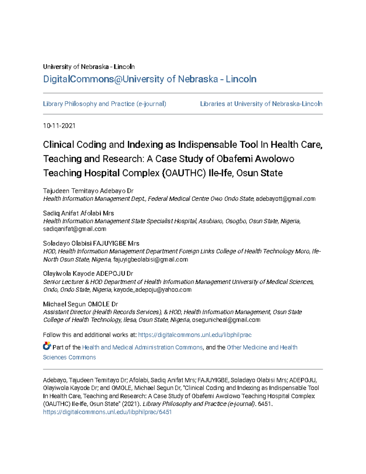 Clinical Coding and Indexing in Health Care: A Case Study of OAUTHC ...