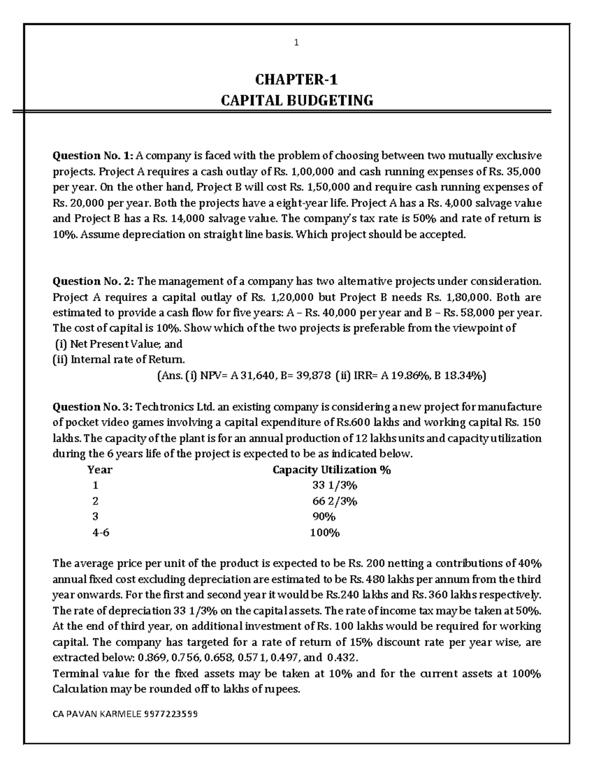 Capital Budgeting Case Study - CA Final Analysis and Comparisons - Studocu
