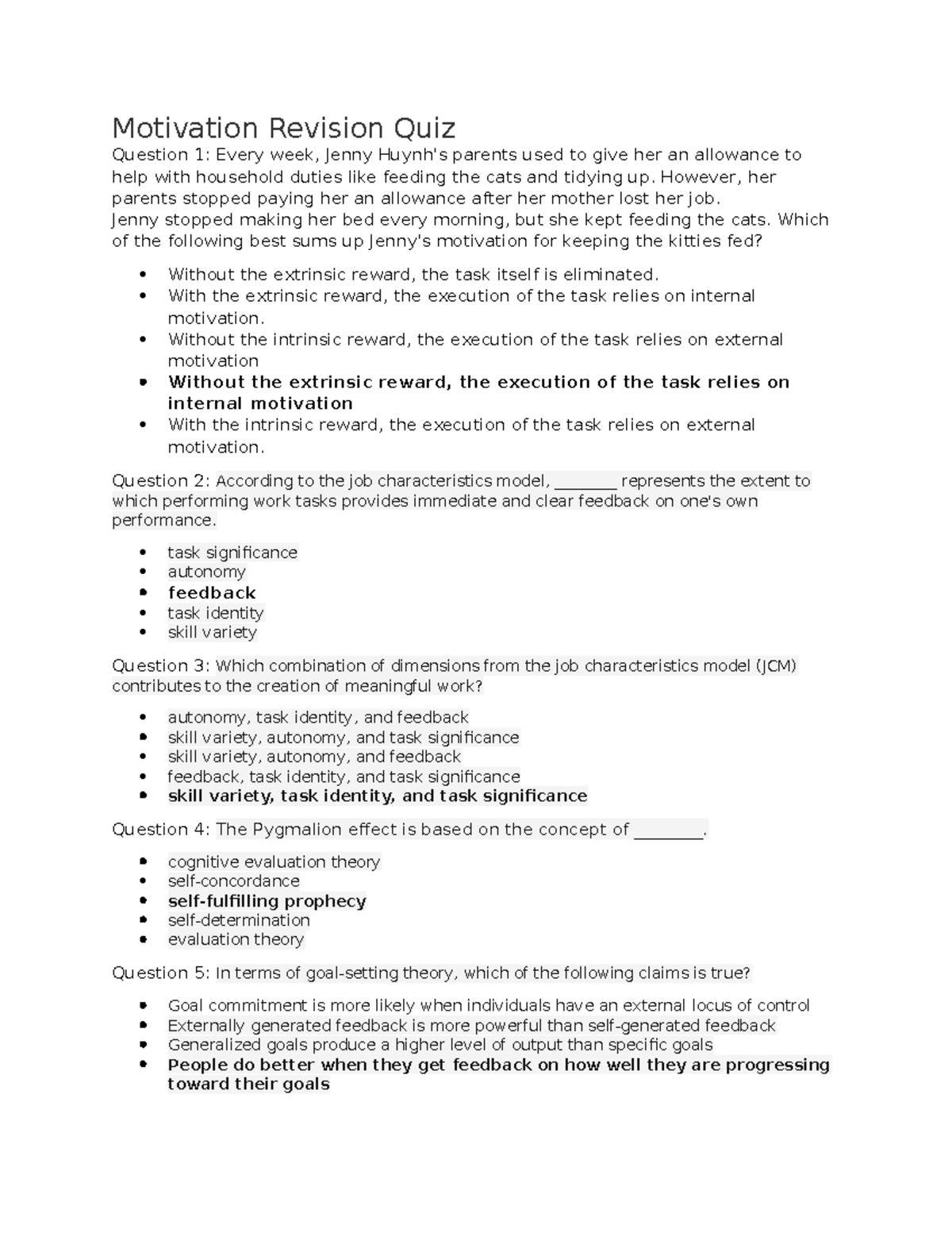 OB Midterm - Note - Motivation Revision Quiz Question 1: Every week ...