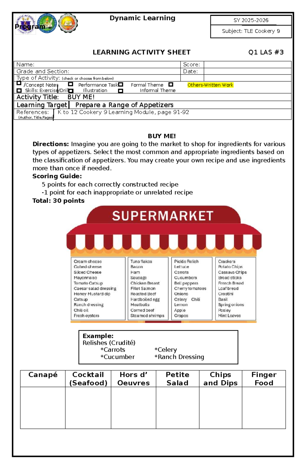 TLE Cookery 9 Learning Activity Sheet: Appetizer Preparation - Studocu