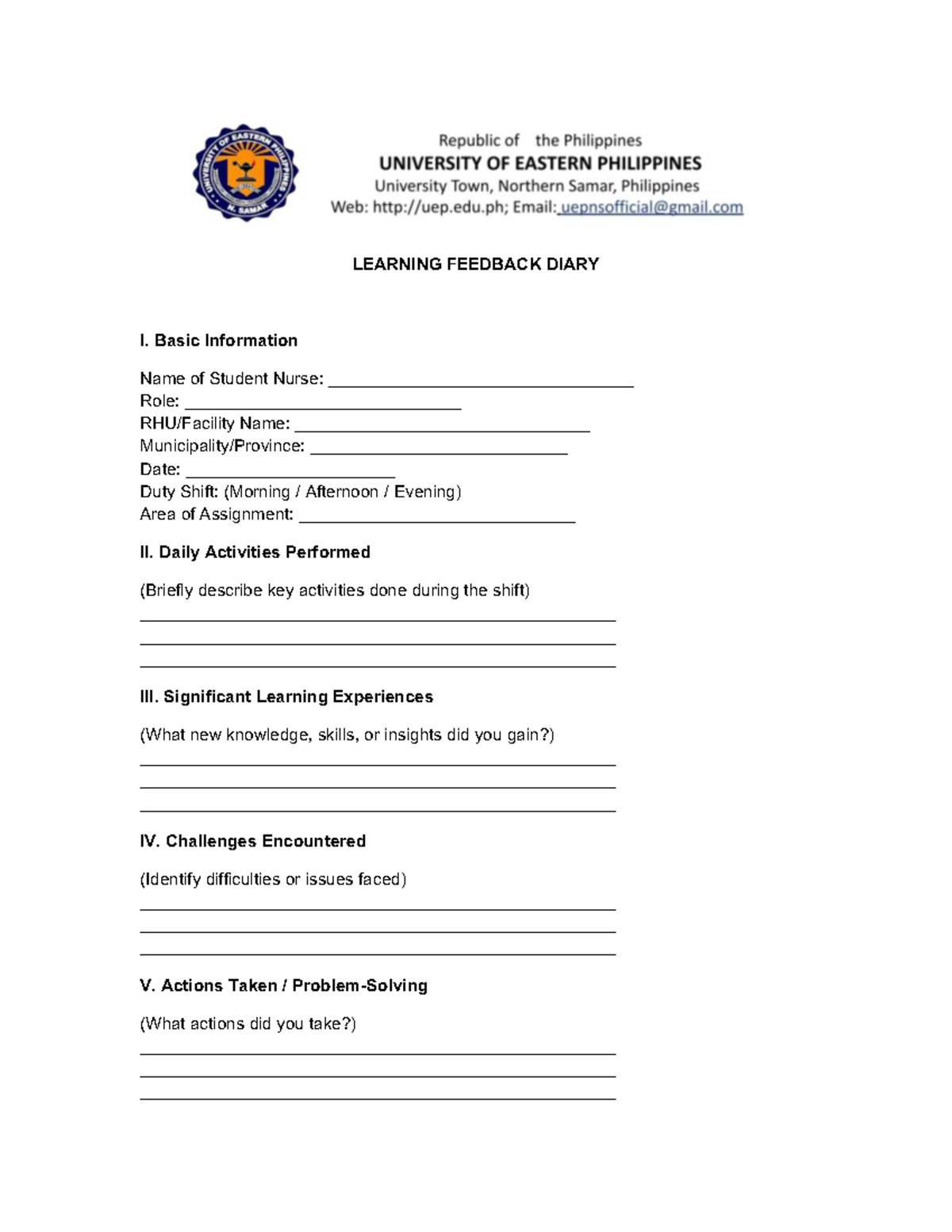 RHU Learning Feedback Diary Template: Reflection & Improvement Plan ...