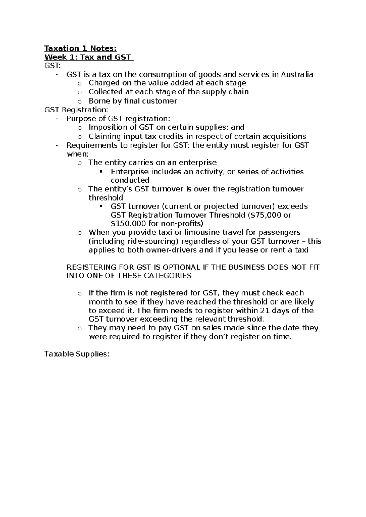 Taxation 1 Notes: Week 1 - Understanding GST and Taxable Supplies - Studocu
