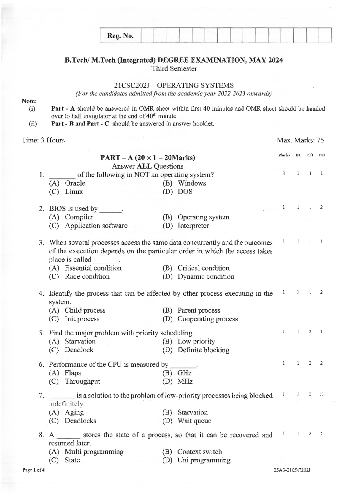 21CSC202J Operating Systems - May 2024 First Semester Exam Guide - Studocu