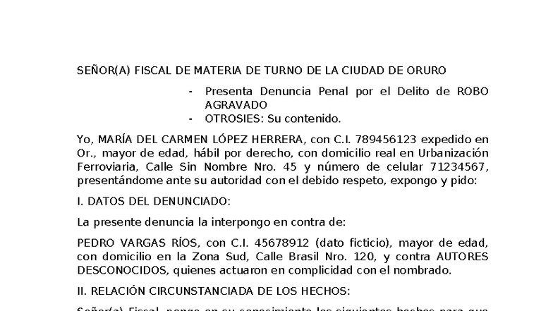 Denuncia Penal por Robo Agravado - Caso María López C.I. 789456123 ...