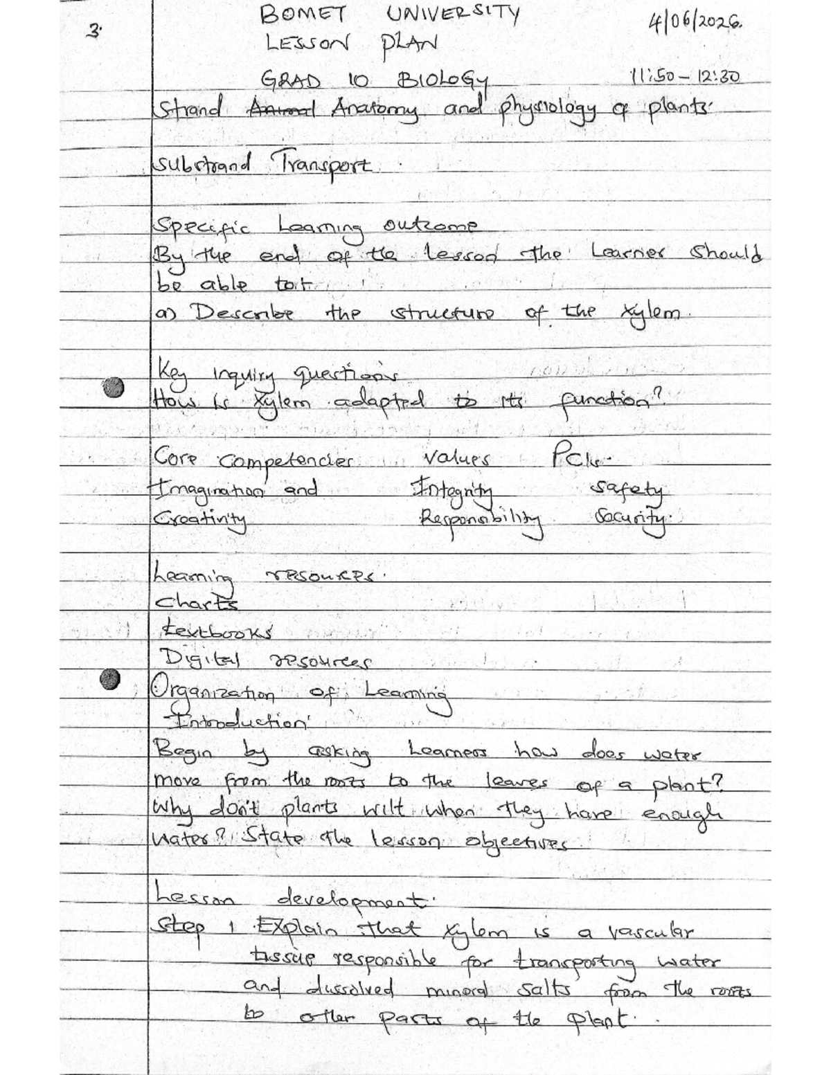 BOMET UNIVERSITY 3. Lesson Plan: Grade 10 Biology - Xylem Function ...