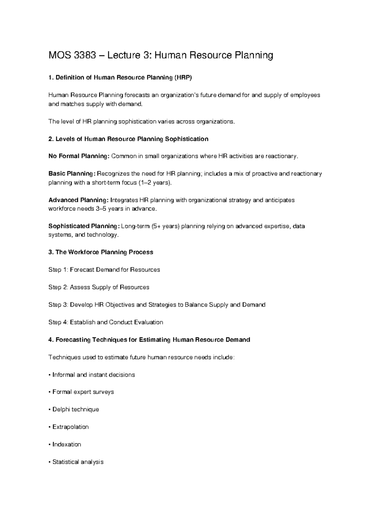 MOS 3383 Lecture 3: Overview of Human Resource Planning Techniques ...