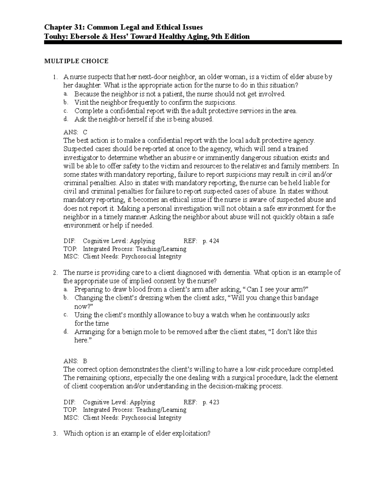 Common Legal & Ethical Issues: Chapter 31 Practice Qs (9th Ed) - Studocu
