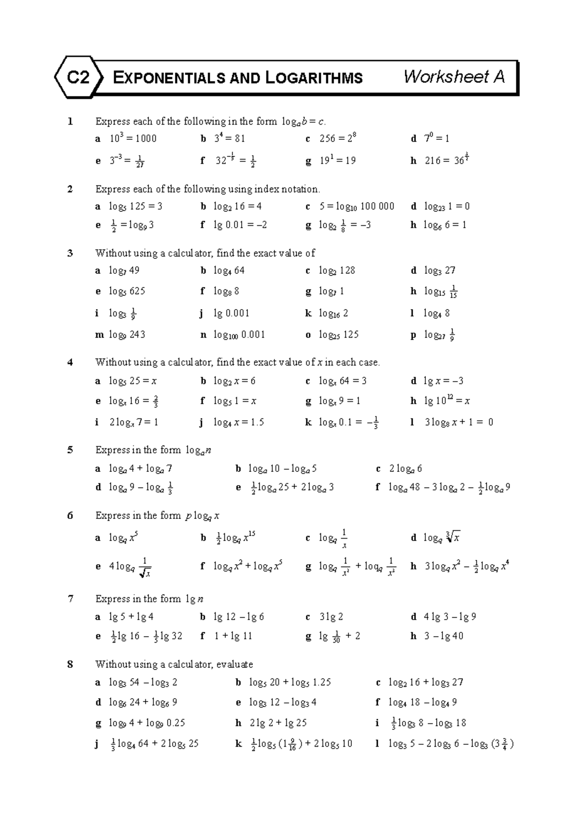 C2 Exponential and Logarithm Concepts: Comprehensive Worksheet - Studocu