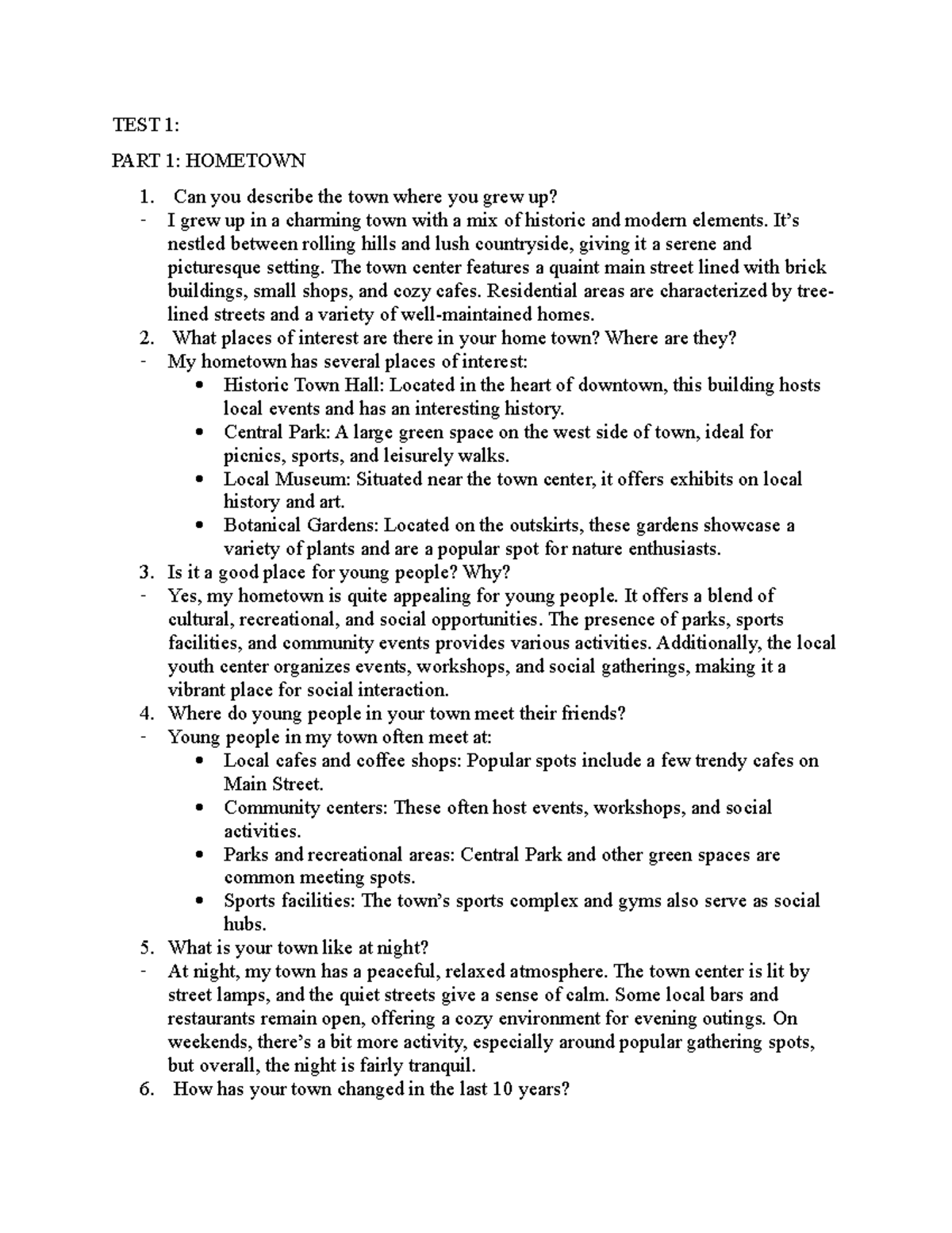 THI - hebfj4uhng555g - TEST 1: PART 1: HOMETOWN Can you describe the ...