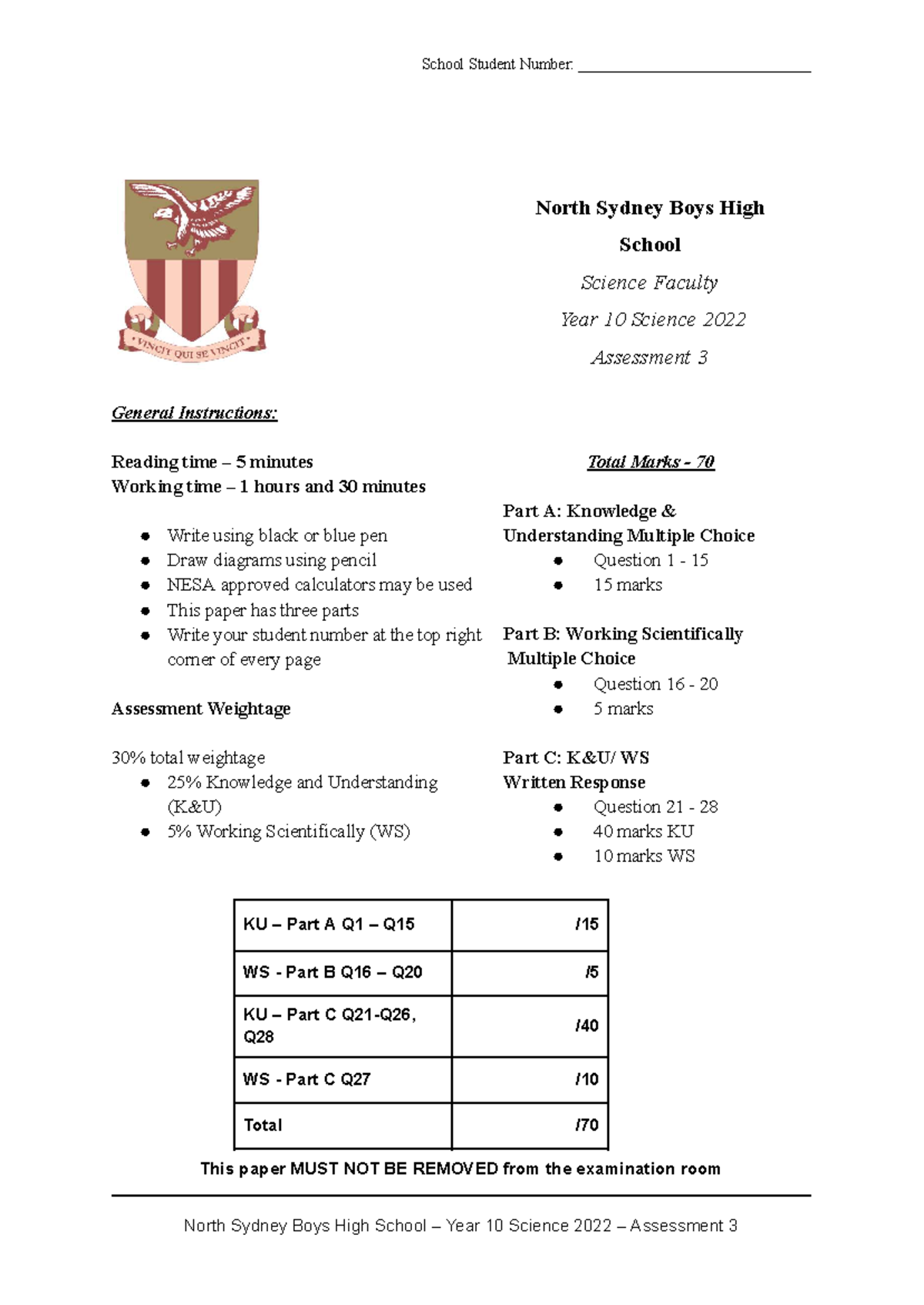 Year 10 Science 2022 Assessment 3 - North Sydney Boys High School - Studocu