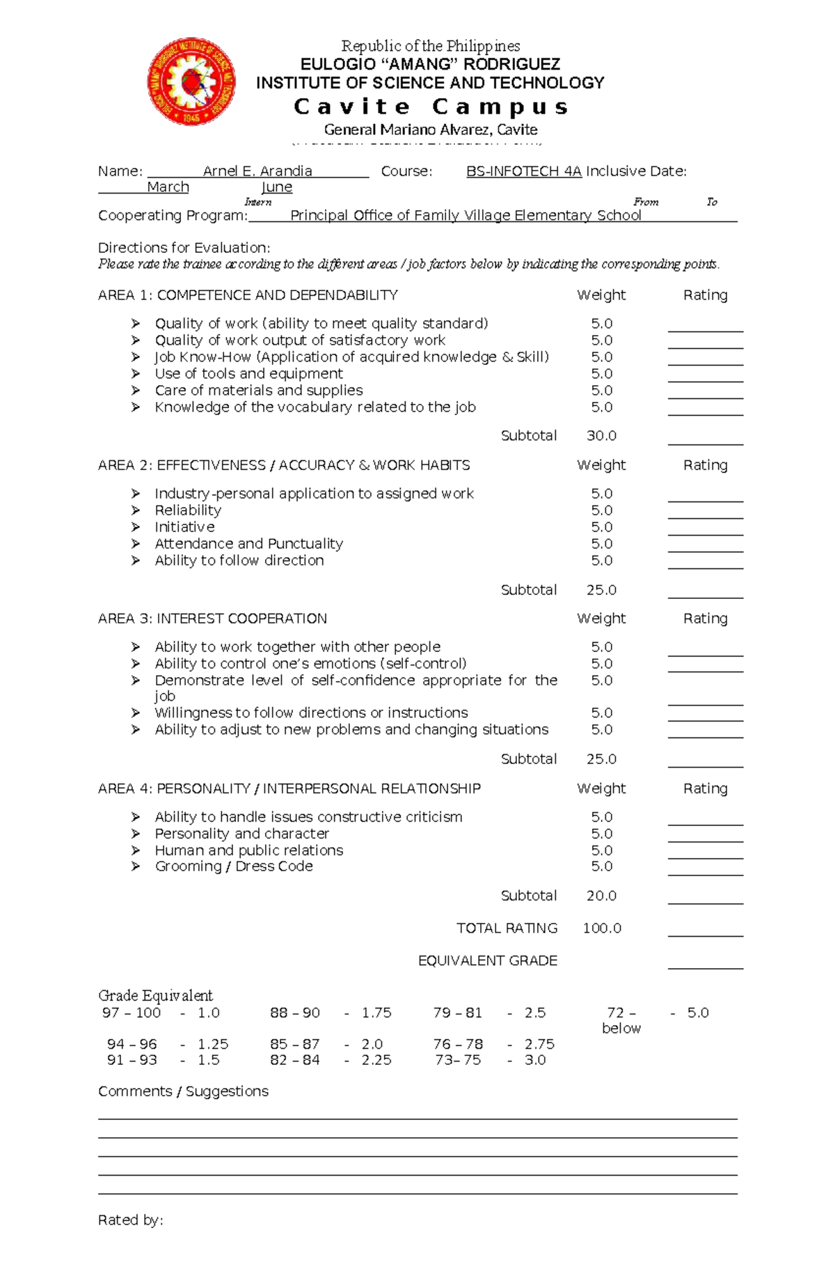 Evaluation Form for Practicum (Course 4A) - Eulogio Rodriguez Institute - Studocu