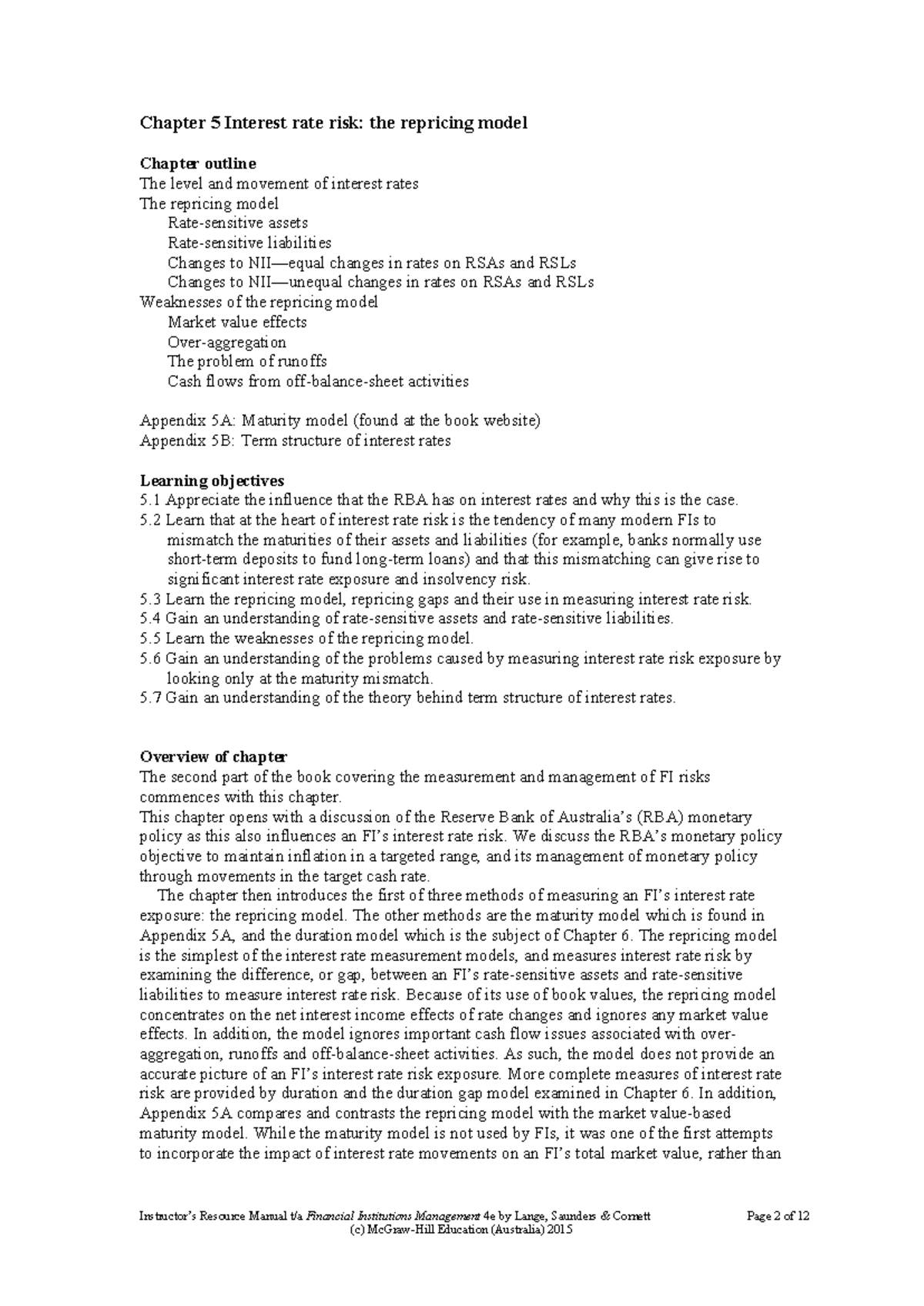 Chapter 5: Interest Rate Risk & Repricing Model Analysis (FIN 401 ...