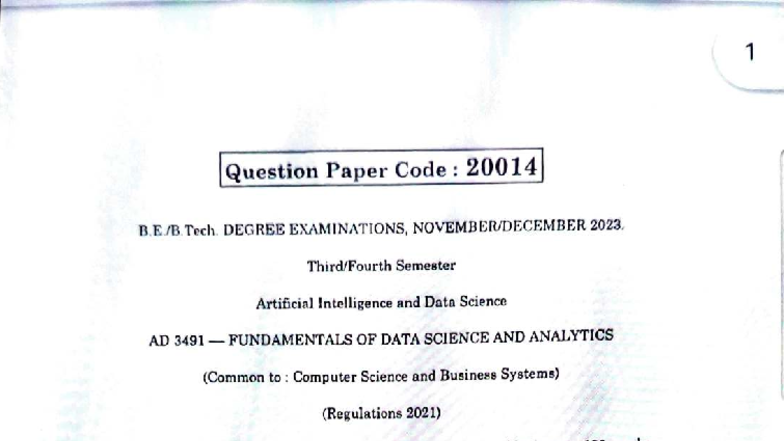 AD3491 Fundamentals of Data Science & Analytics Exam Paper 2023 - Studocu
