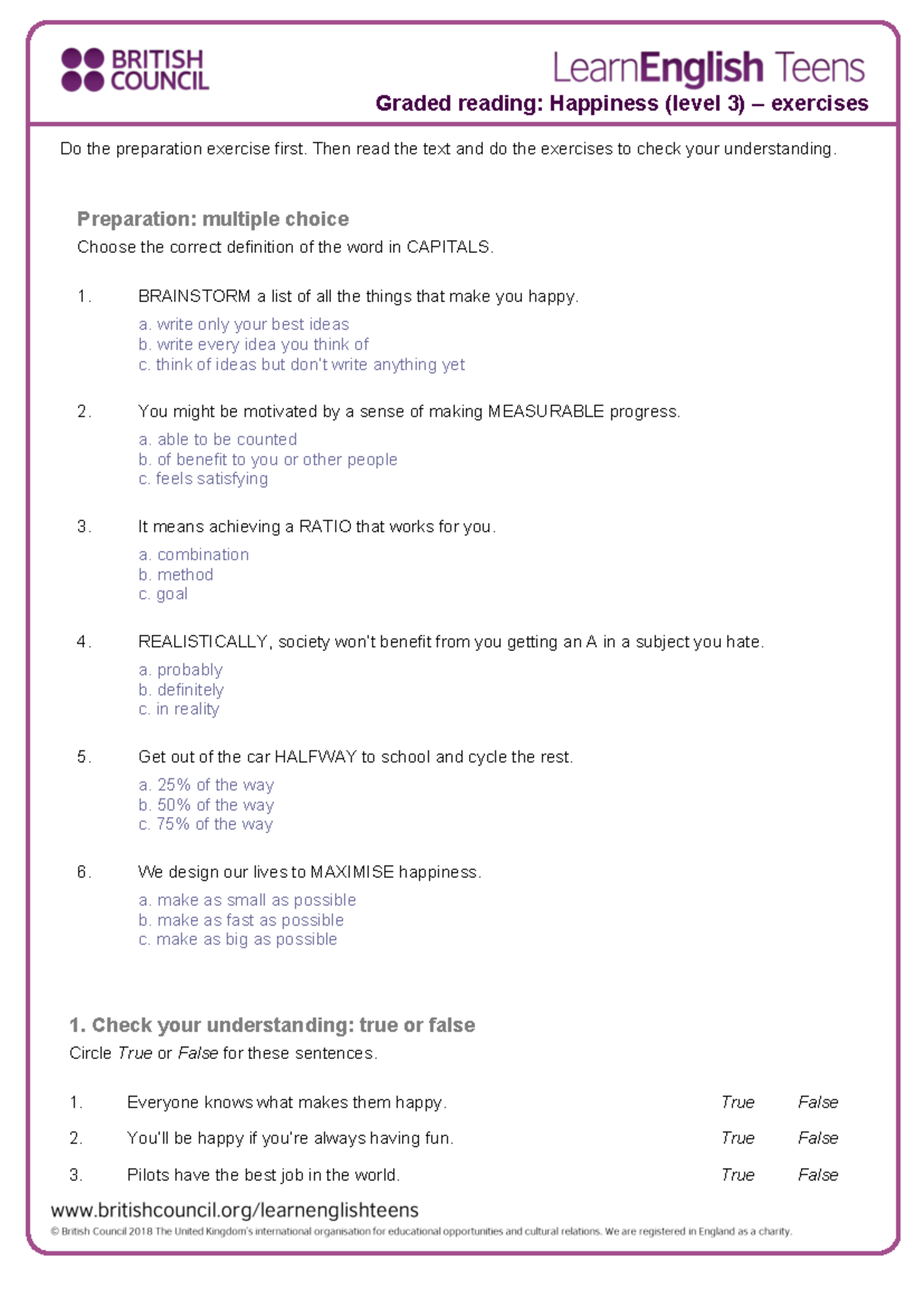 Happiness level 3 - exercises - Graded reading: Happiness (level 3 ...