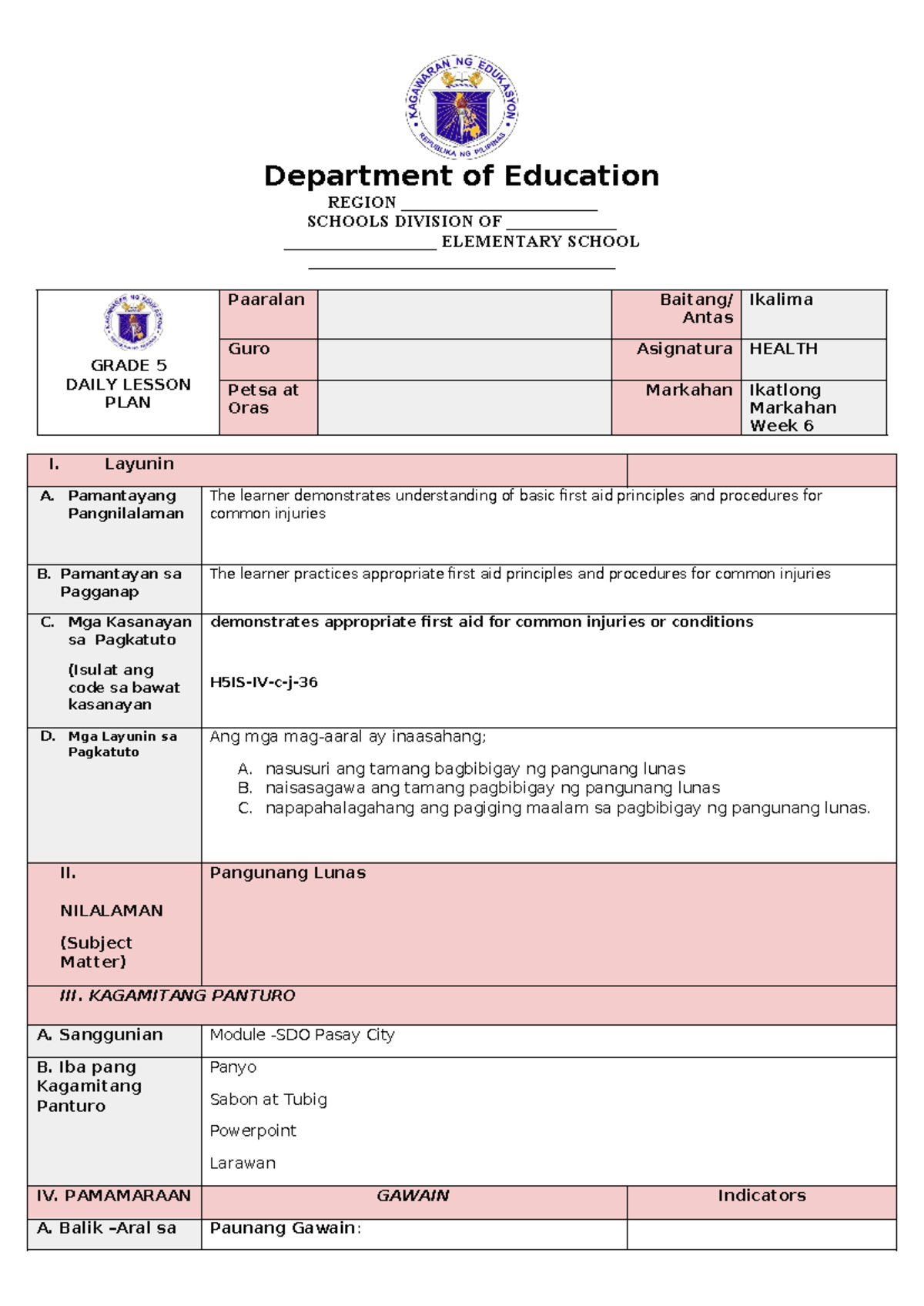COT Health 5 Q4 W6 Daily Lesson Plan on First Aid Principles - Studocu