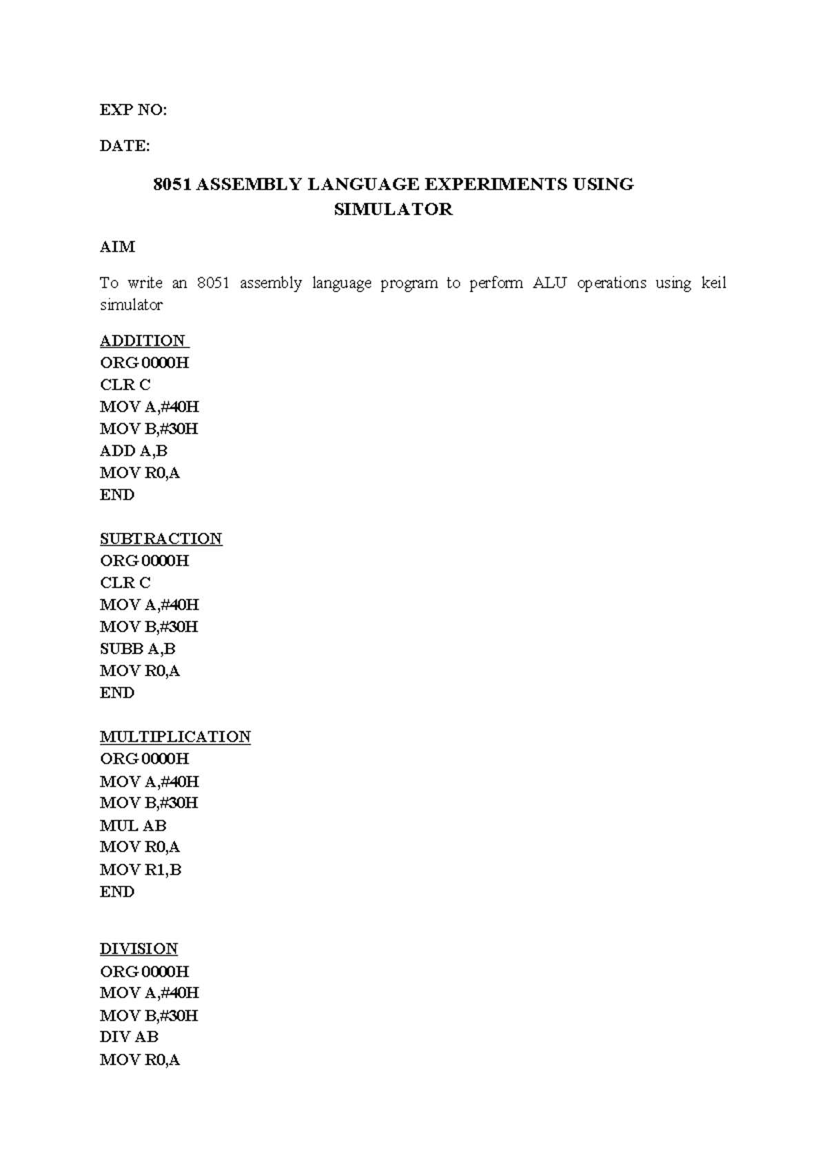 8051 Assembly Language Experiments Using Simulator - Lab Report - Studocu