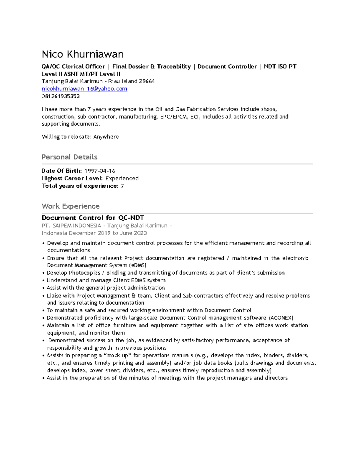 CV Document Control: Nico Khurniawan's Professional Profile - Studocu