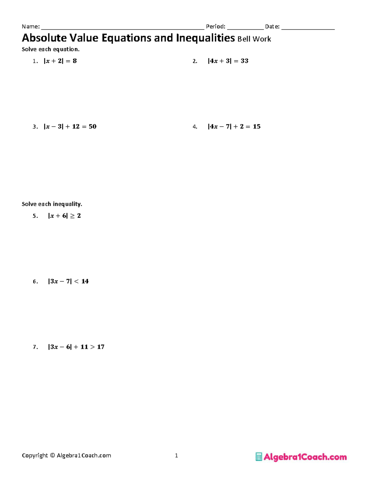 Algebra 1: Bell Work on Absolute Value Equations & Inequalities - Studocu