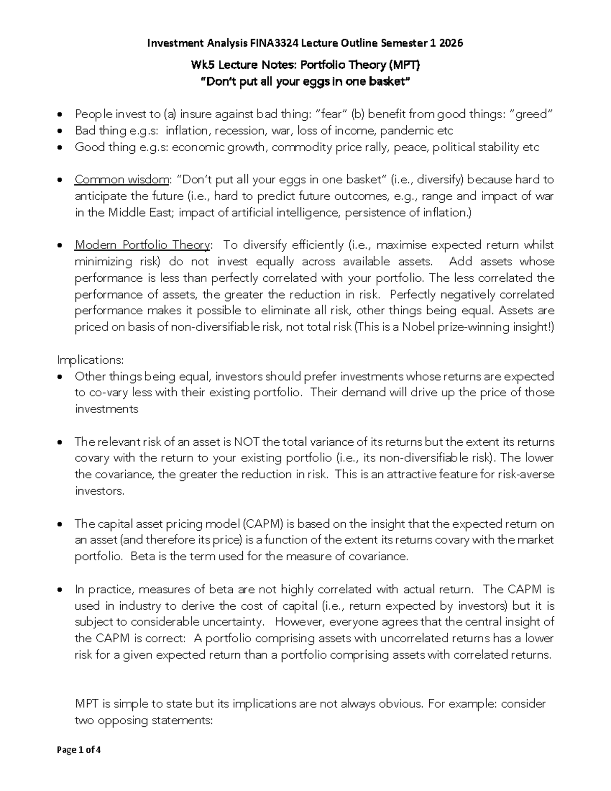 FINA3324 Lecture Notes: Portfolio Theory (MPT) - Semester 1 2026 - Studocu