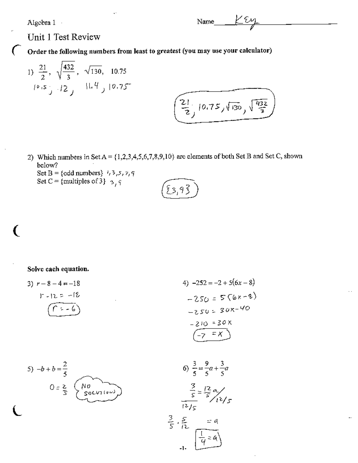 Algebra 1 Unit 1 Test Review Answer Key - Studocu