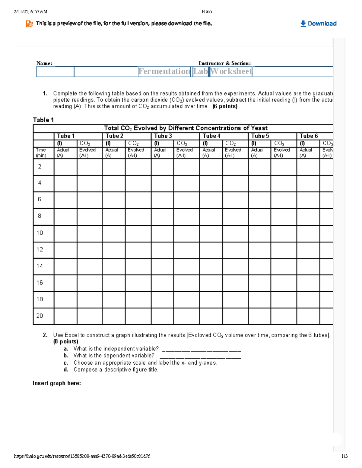 Fermentation Lab Worksheet for Biology 101: Data and Analysis - Studocu
