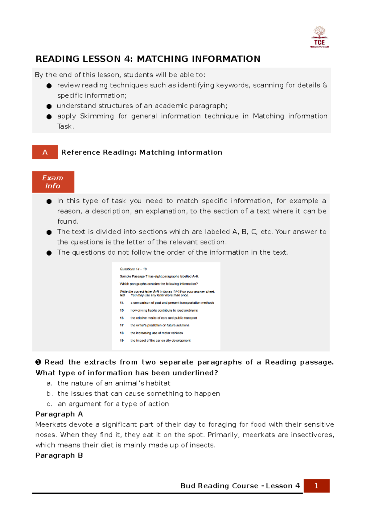 Reading lesson 4 Class handout - READING LESSON 4: MATCHING INFORMATION ...
