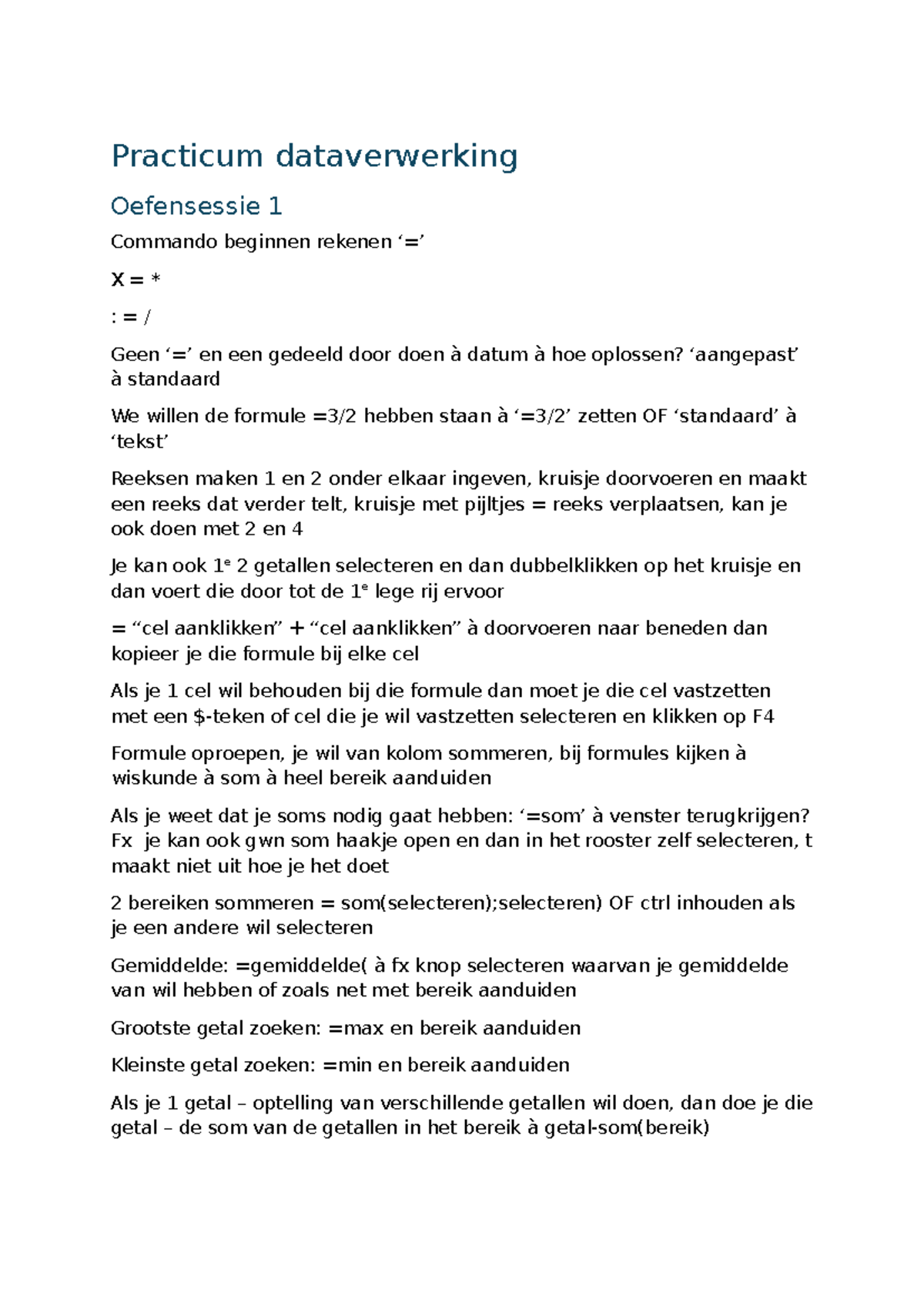 Practicum Dataverwerking Oefensessie 1: Formules en Berekeningen - Studocu