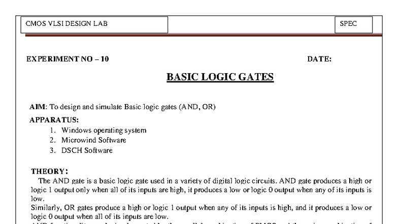 CMOS VLSI DESIGN LAB SPEC: Cycle 2 Experiments on Logic Gates - Studocu